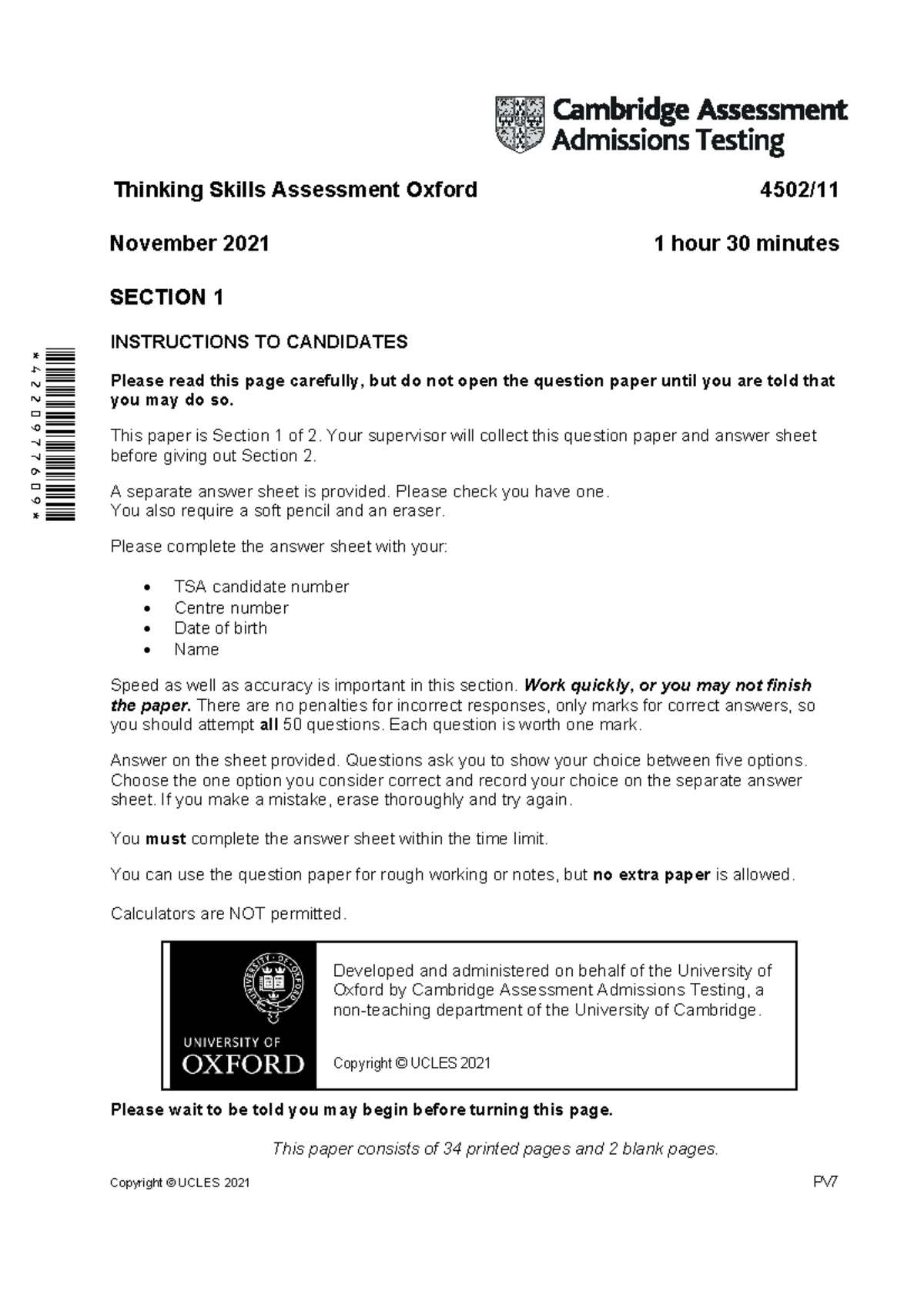 658267 past paper tsa oxford 2021 section 1 - 4220977609 Thinking ...