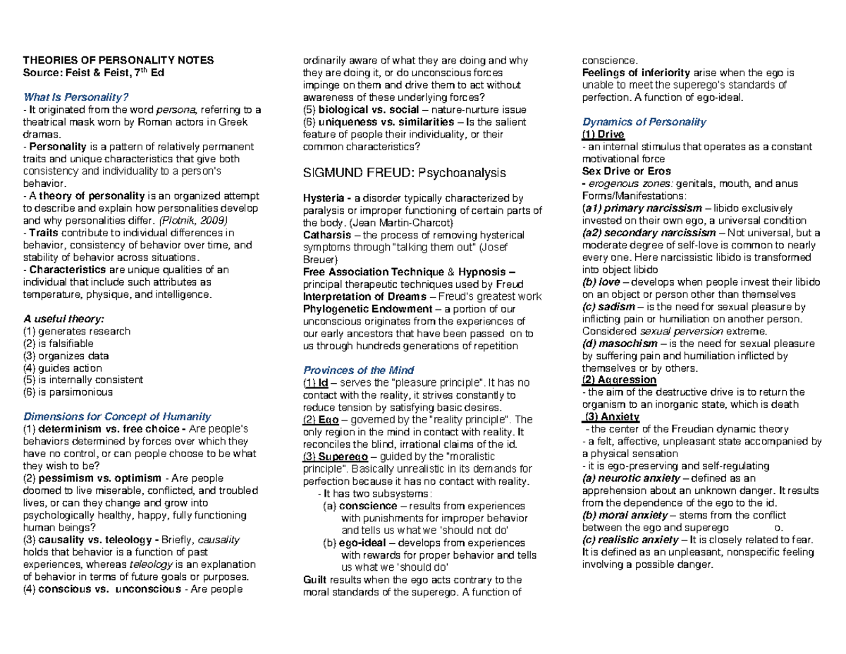 TOP-Summarized - Theories of Personality Lecture notes and Theories are ...