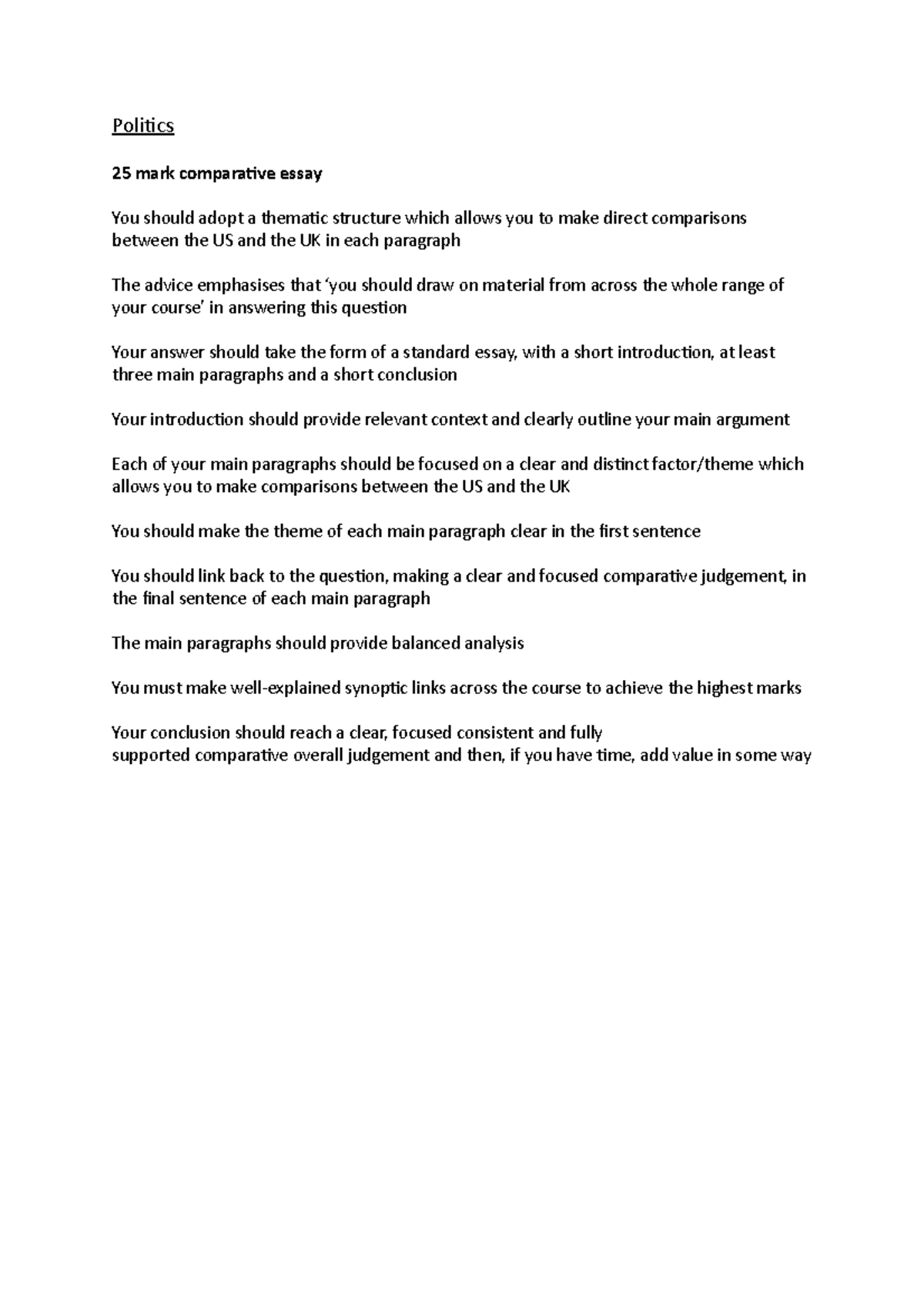 A-Level essay structure tips - Politics 25 mark comparative essay You ...