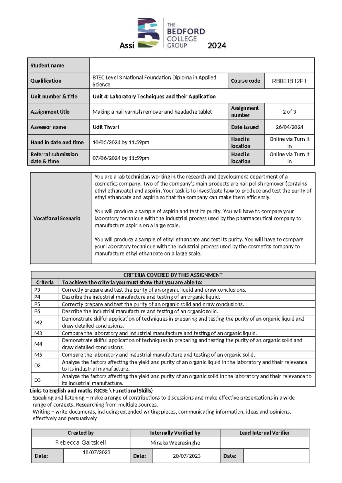Unit 4 Assignment 2 brief - Assignment Brief 2023- Student name ...
