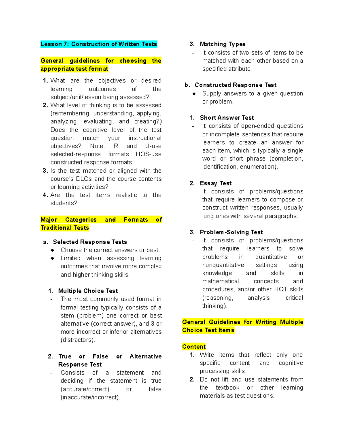 ASLR Mid terms - Lesson 7: Construction of Written Tests General ...