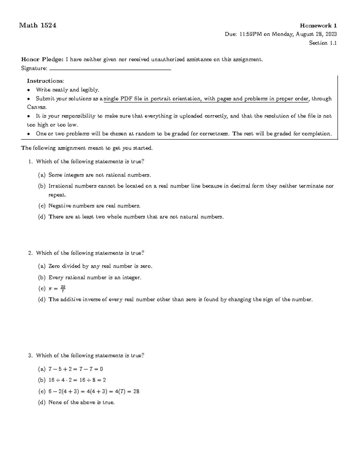 Homework 1 - idk - Math 1524 Homework 1 Due: 11:59PM on Monday, August 28, 2023 Section 1. Honor ...