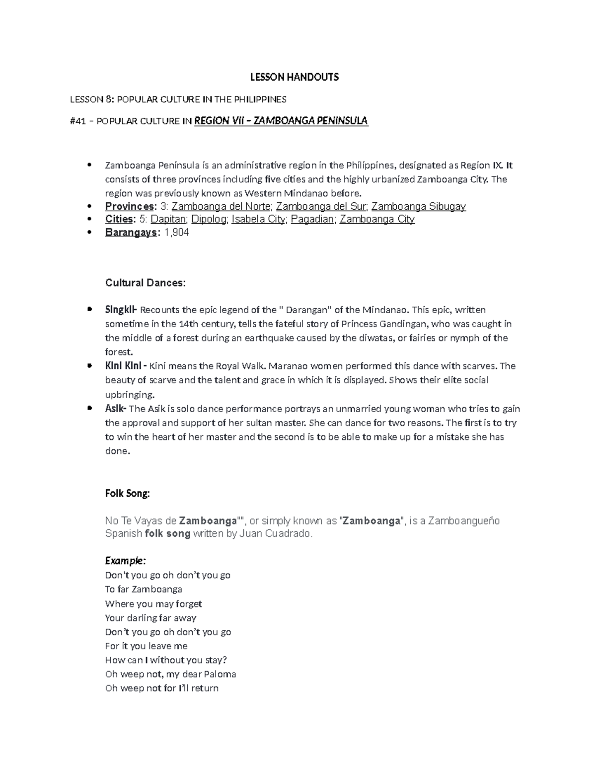 Region 12 (Zambuanga Peninsula) - LESSON HANDOUTS LESSON 8: POPULAR ...