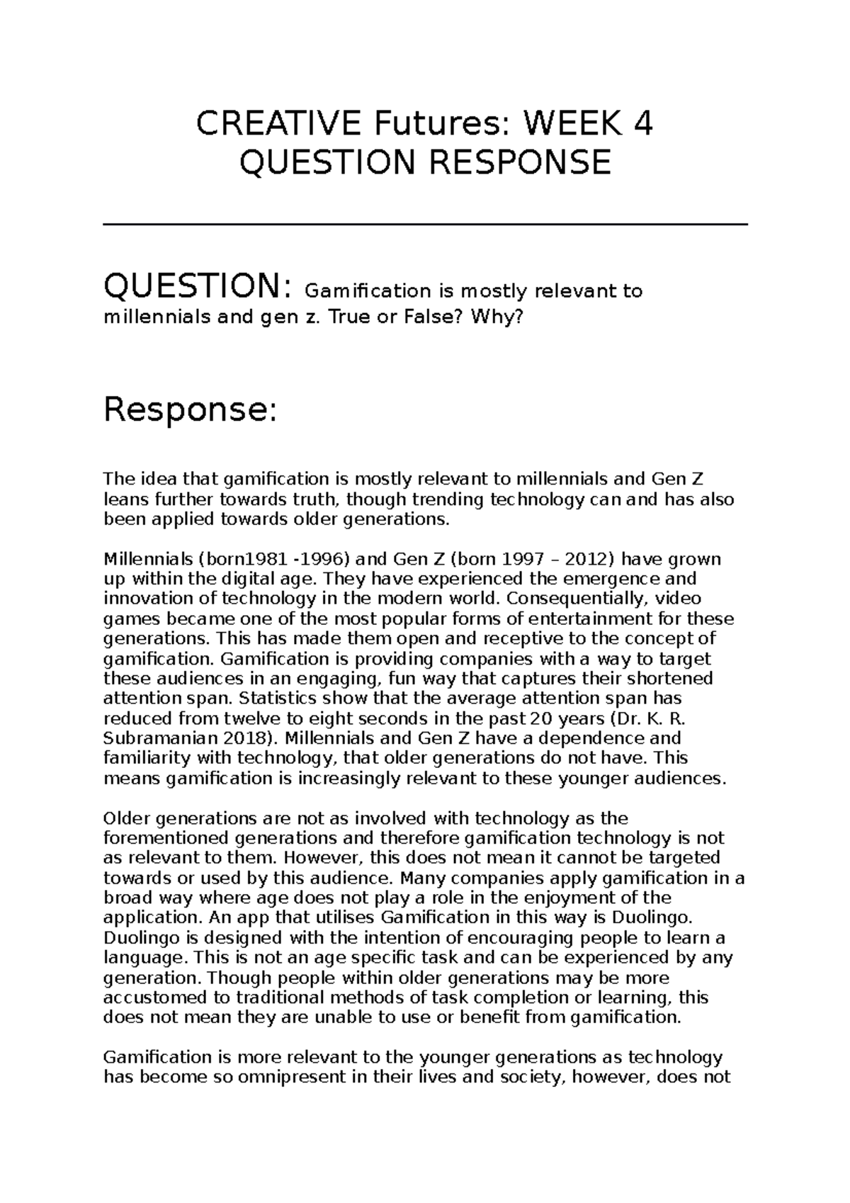 Creative Futures response week 5 - CREATIVE Futures: WEEK 4 QUESTION ...