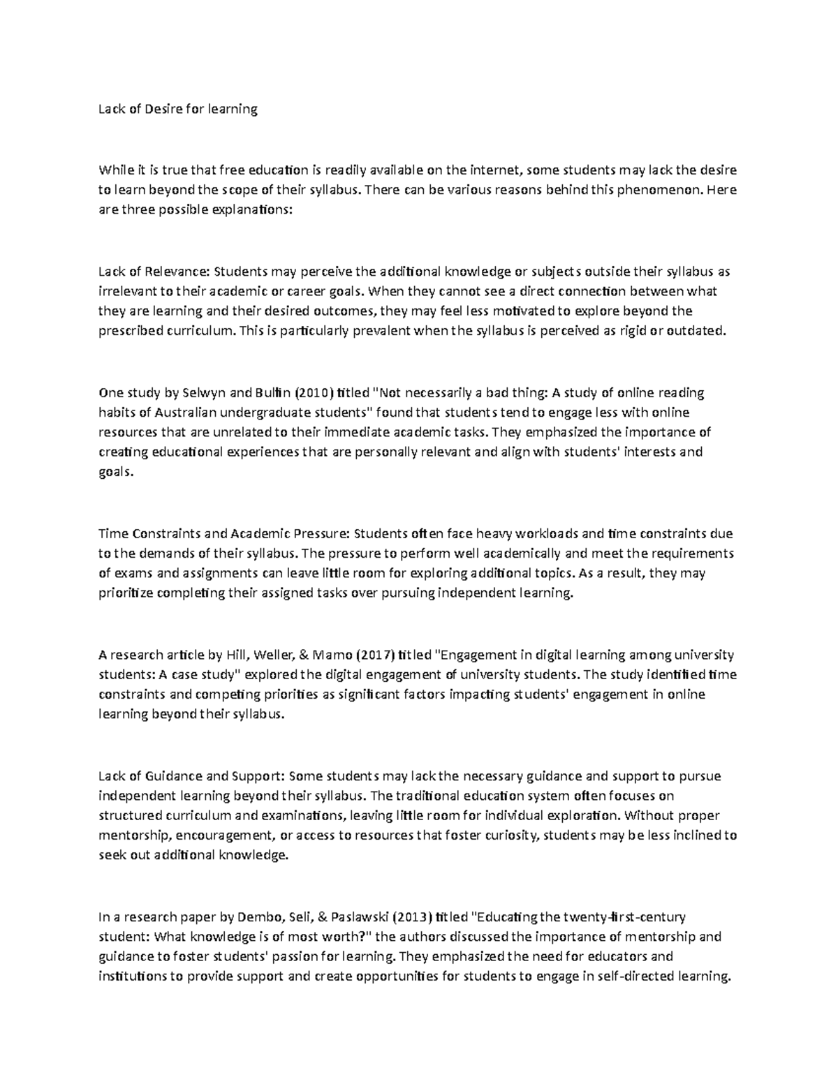 ENG1503 assignment 3 original - Lack of Desire for learning While it is ...