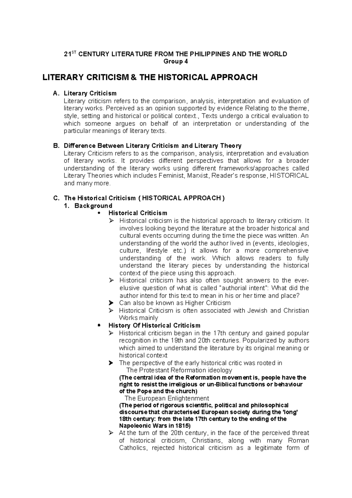 Historical Criticism - 21 ST CENTURY LITERATURE FROM THE PHILIPPINES ...