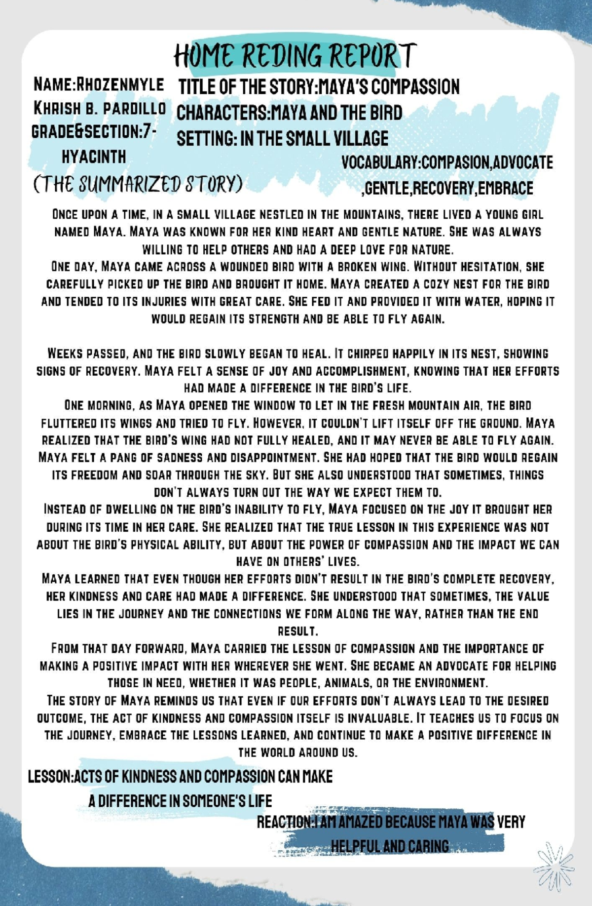 Home reading report - HOME REDING REPORT :RHOZENMYLE TITLE OF THE ...