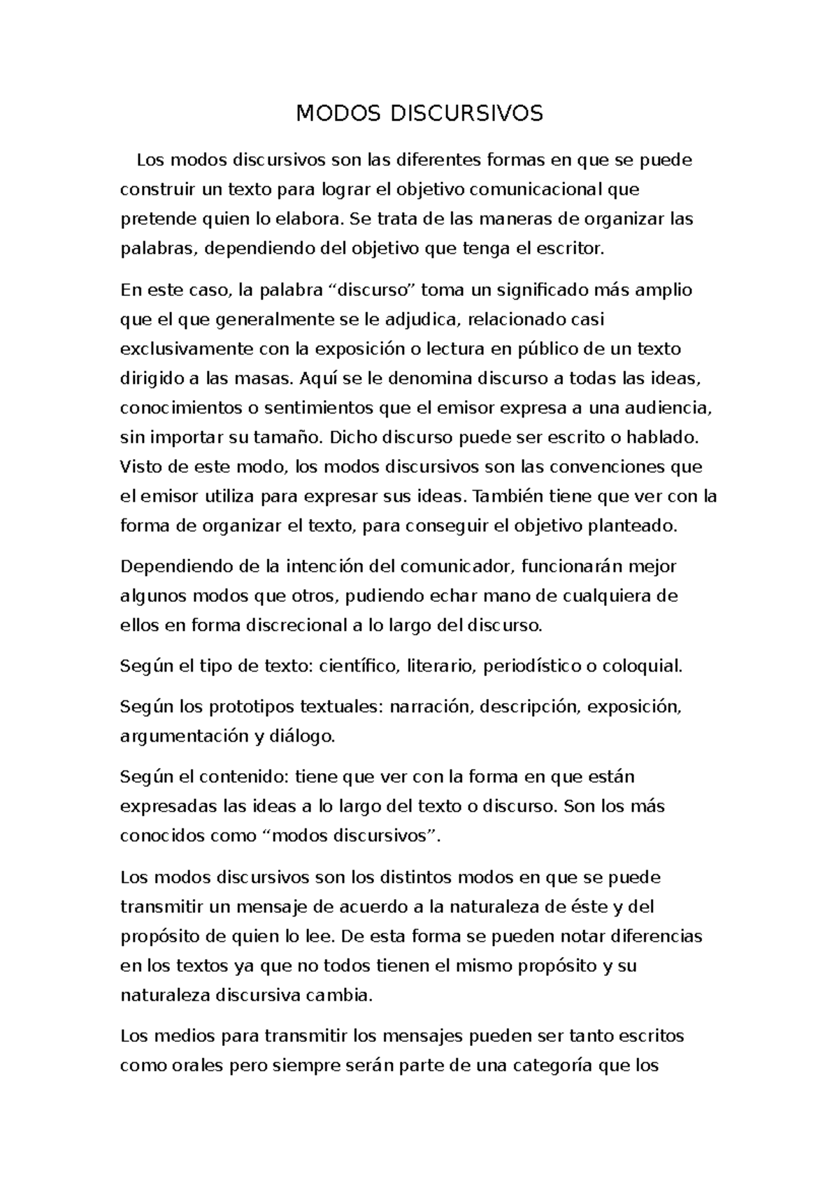 Modos Discursivos - MODOS DISCURSIVOS Los modos discursivos son las ...