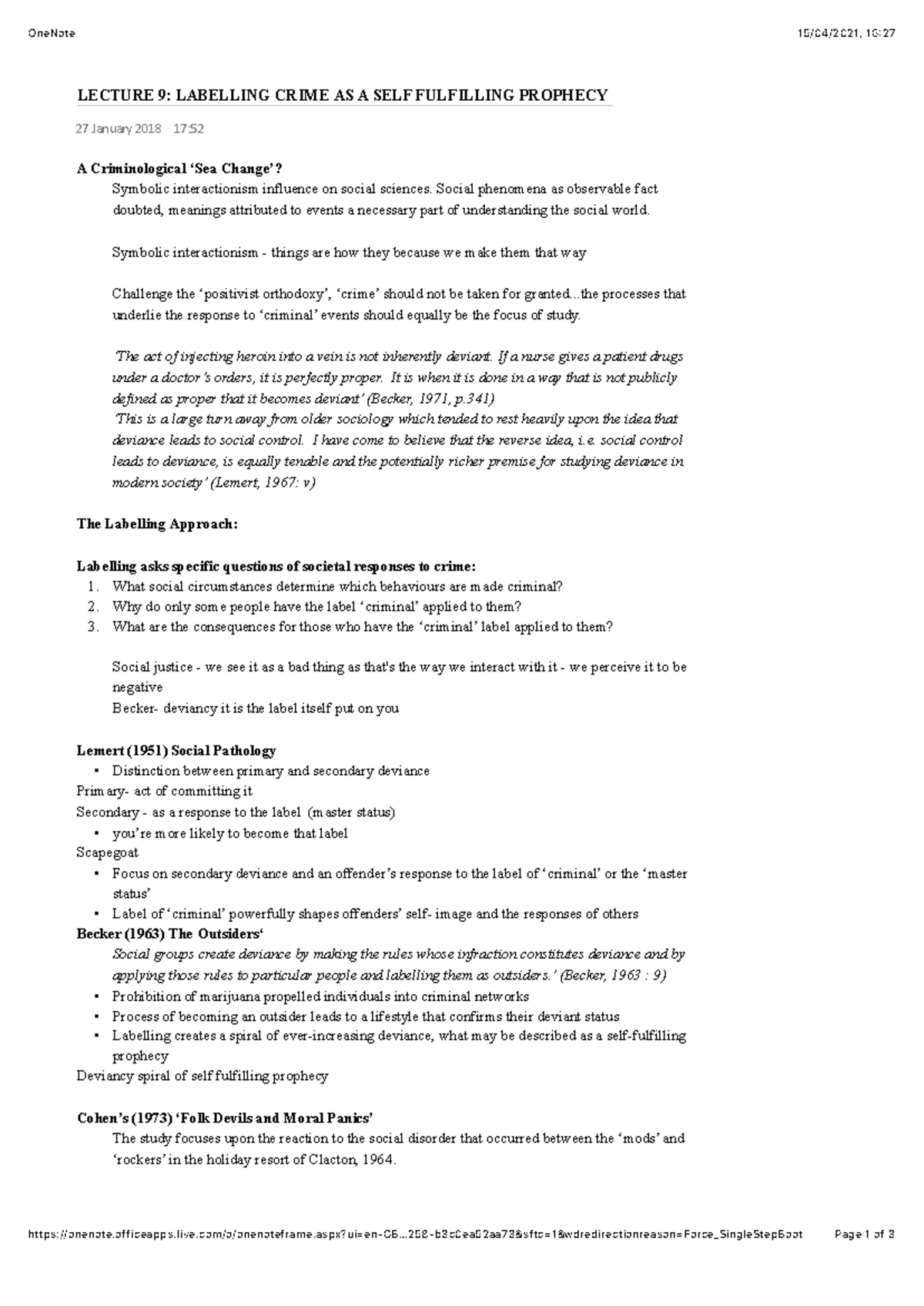 LABELLING CRIME AS A SELF FULFILLING PROPHECY - OneNote 15/04/2021, 16 ...