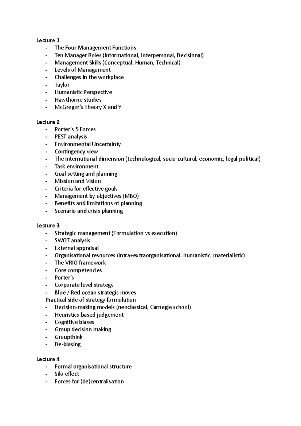 Management lecture guide in short summary - Lecture 1 - The Four ...