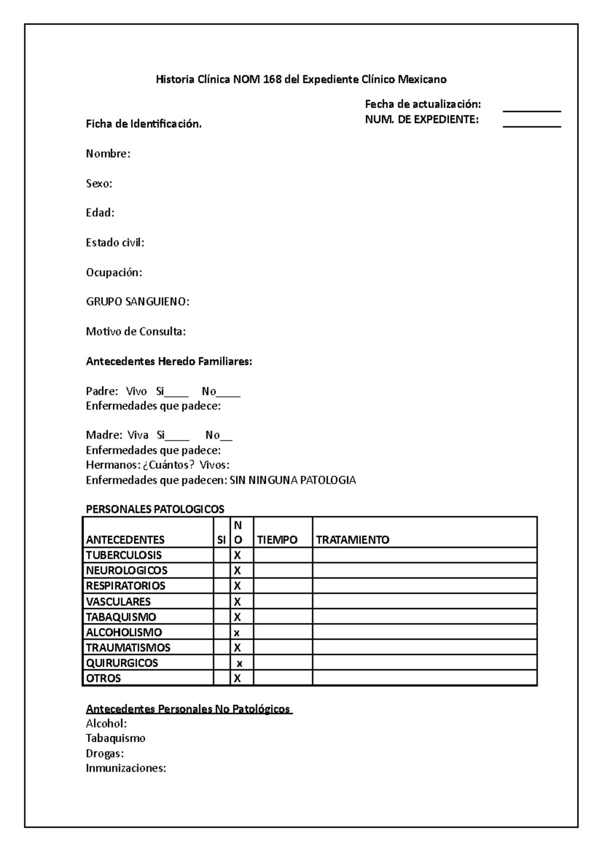 Historia Clínica Machote - Historia Clínica NOM 168 del Expediente ...
