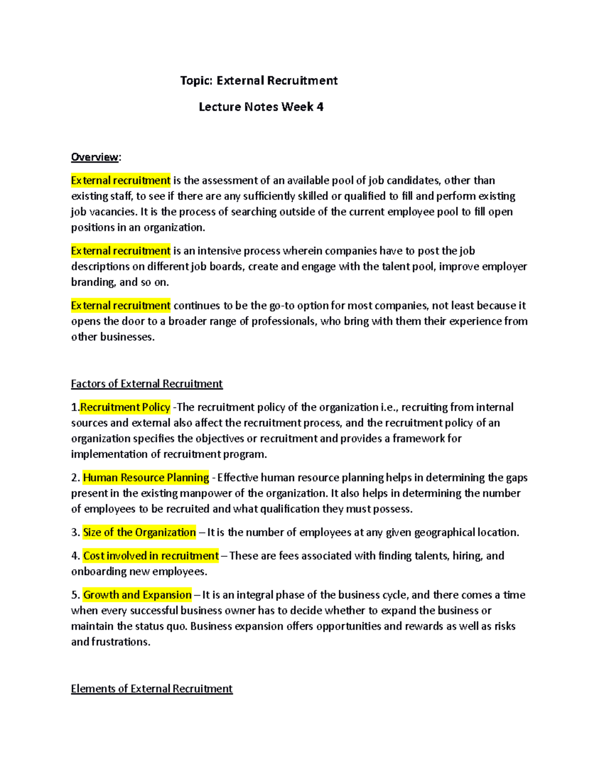 External recruitment - Topic: External Recruitment Lecture Notes Week 4 ...