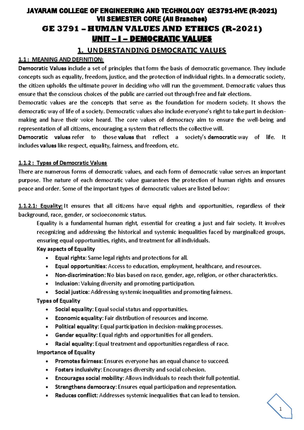 GE3791 HVE UNIT I Democratic Values - VII SEMESTER CORE (All Branches ...