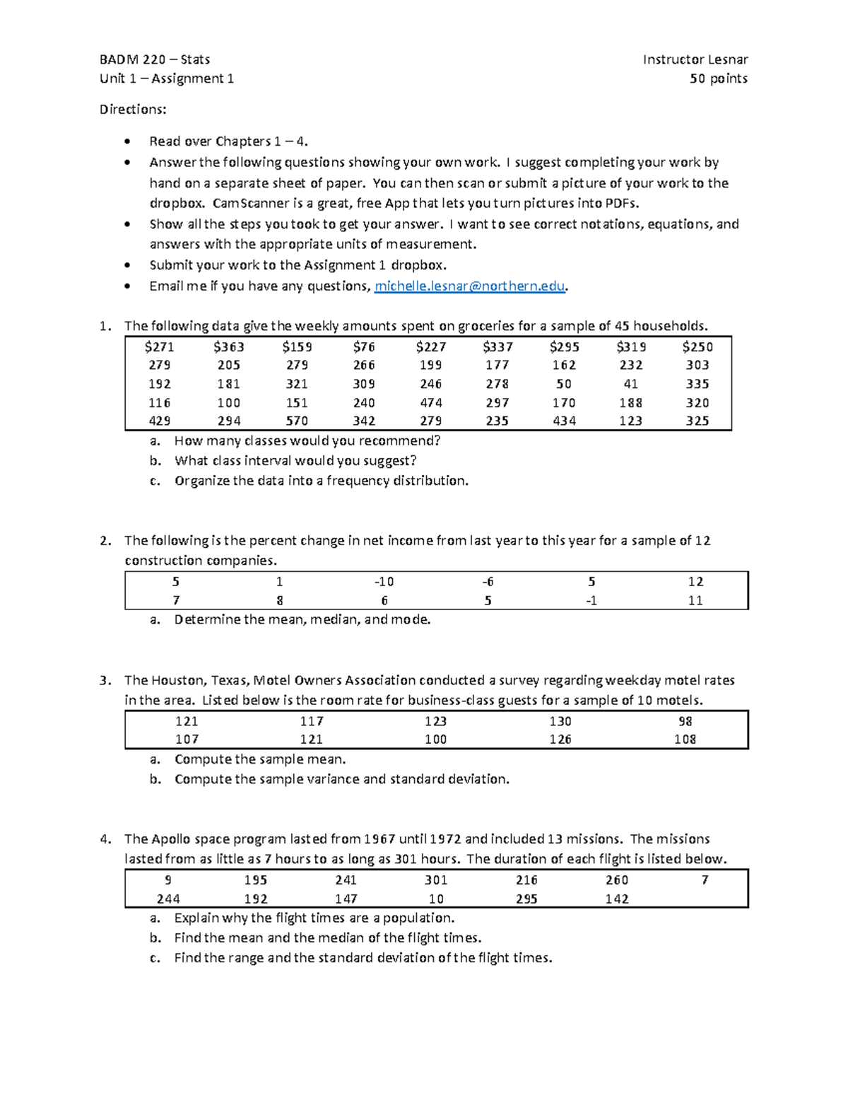 Unit 1 - Problem Set - Unit 1 assignment - BADM 220 – Stats Instructor ...
