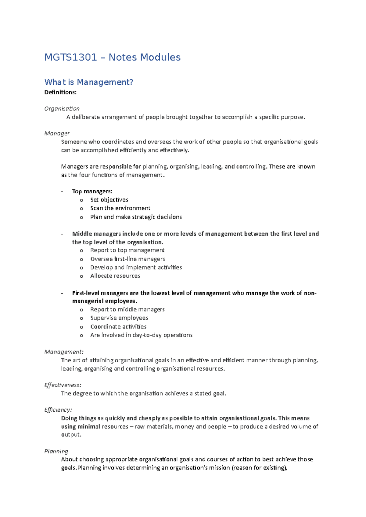 MGTS- Notes - MGTS1301 – Notes Modules What is Management? Definitions ...