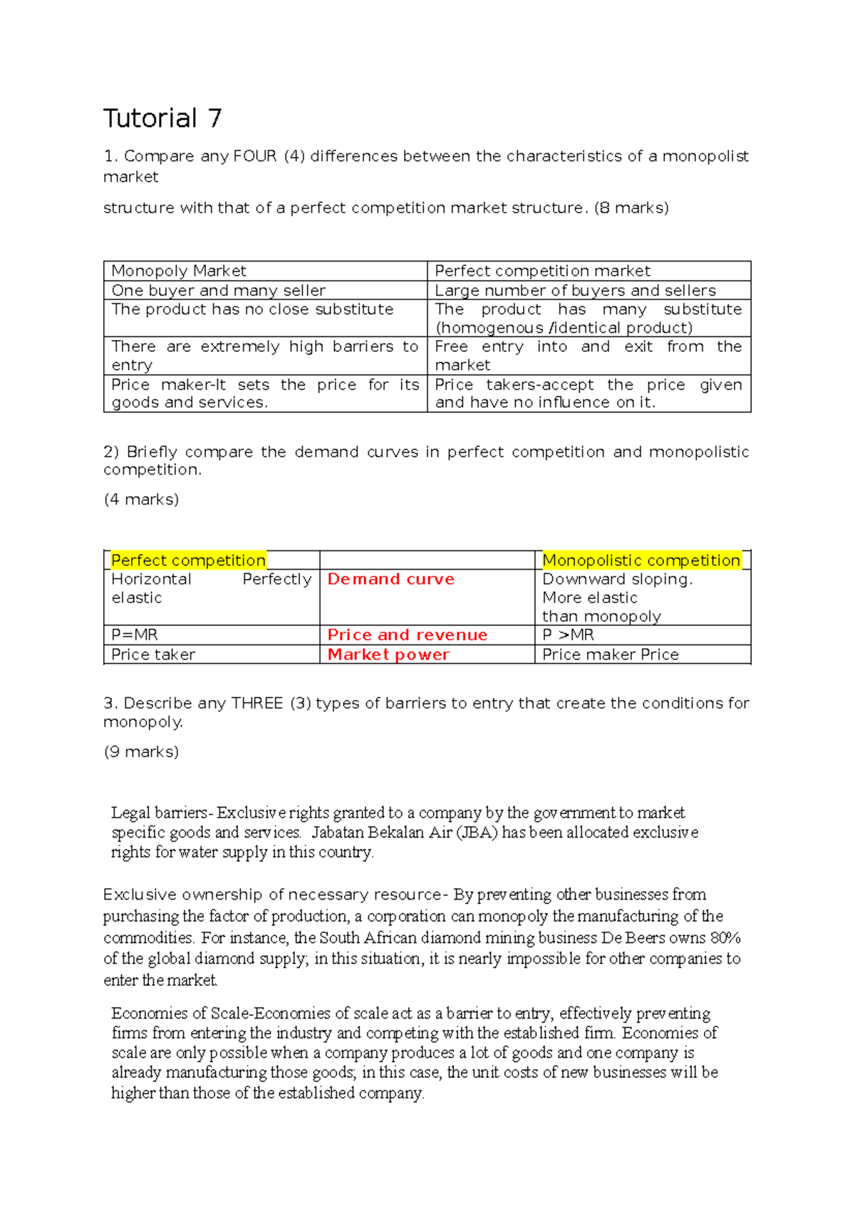 Tutorial 7- Economy - Tutorial 7 1. Compare any FOUR (4) differences between the characteristics ...