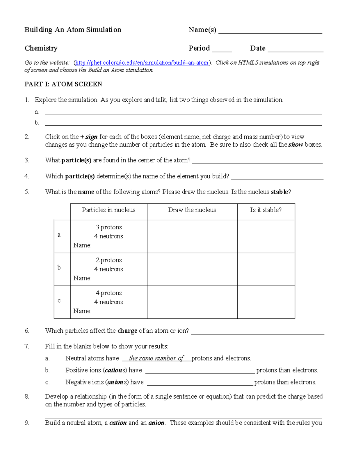 Phet Build an Atom Simulation - Building An Atom Simulation Name(s