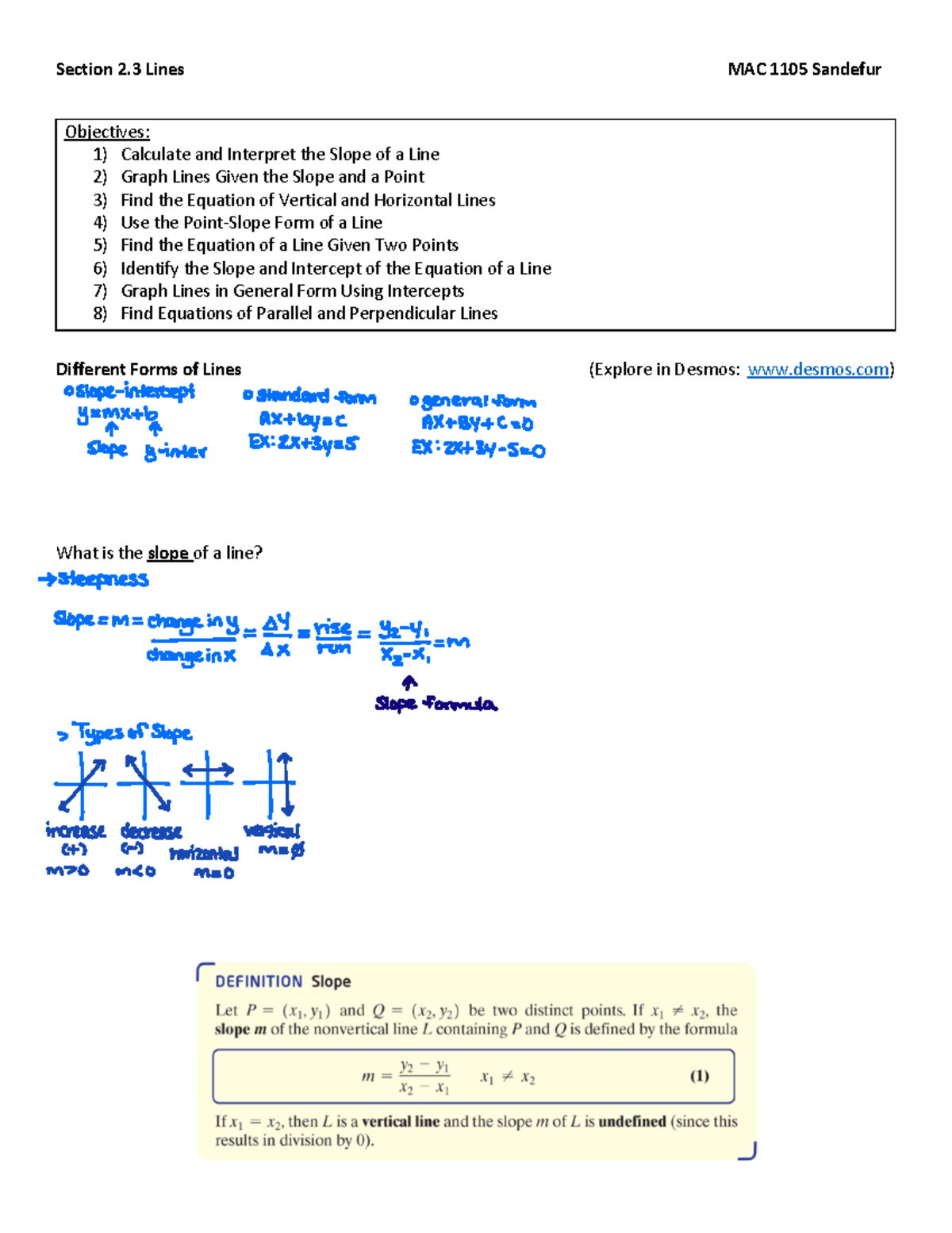 Unit I 2.3 guided notes ( Lines) - Section 2 Lines MAC 1105 Sandefur ...