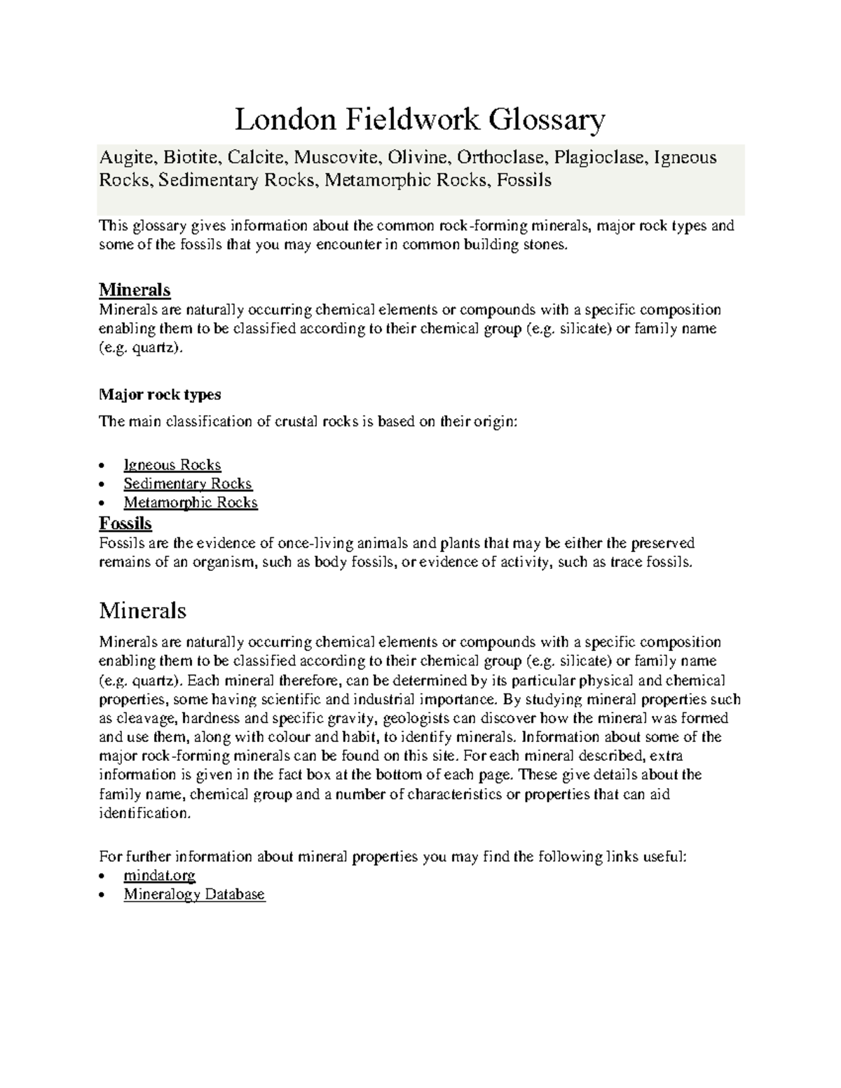 London Fieldwork Glossary - London Fieldwork Glossary Augite, Biotite ...