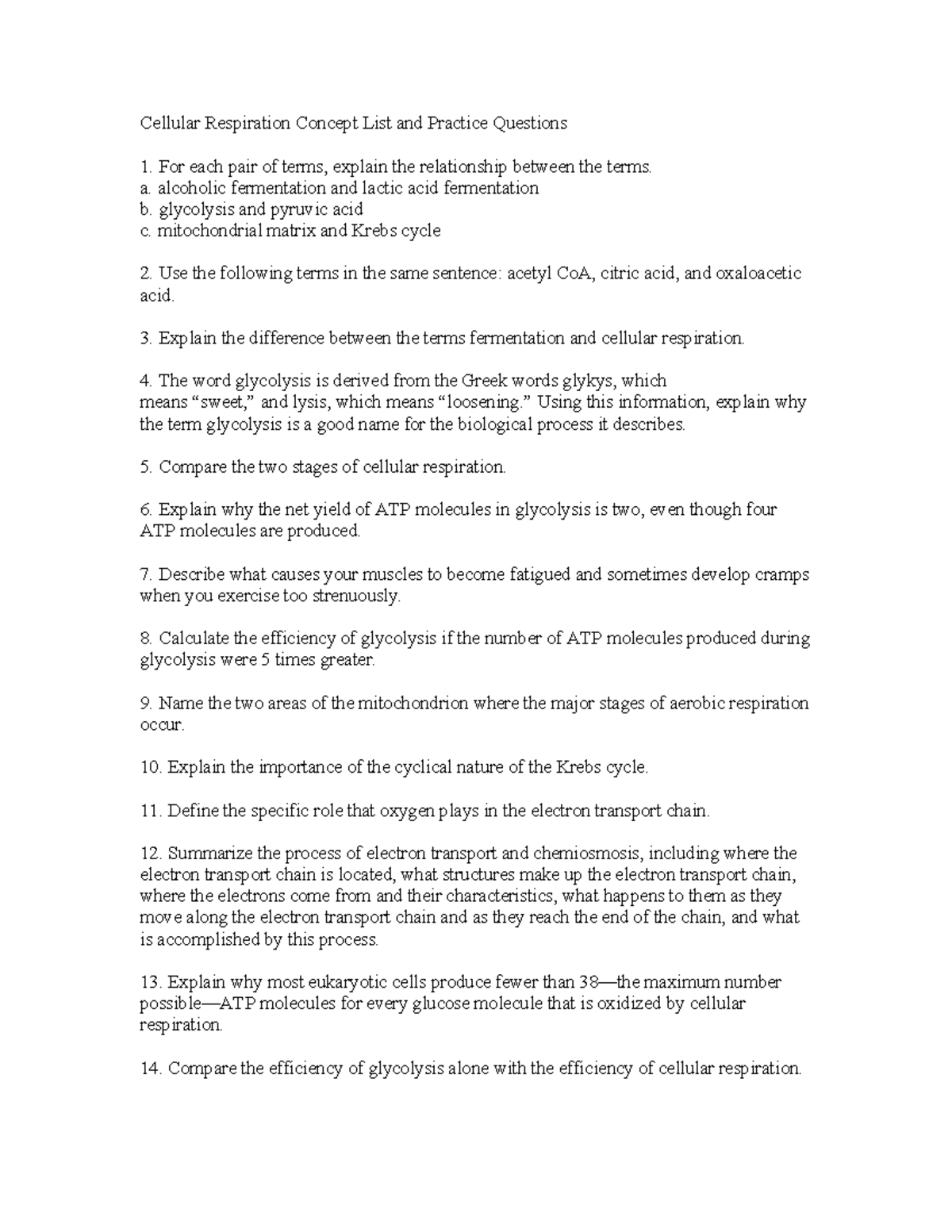 Honors Biology Cellular Respiration Concept List and Practice Questions ...