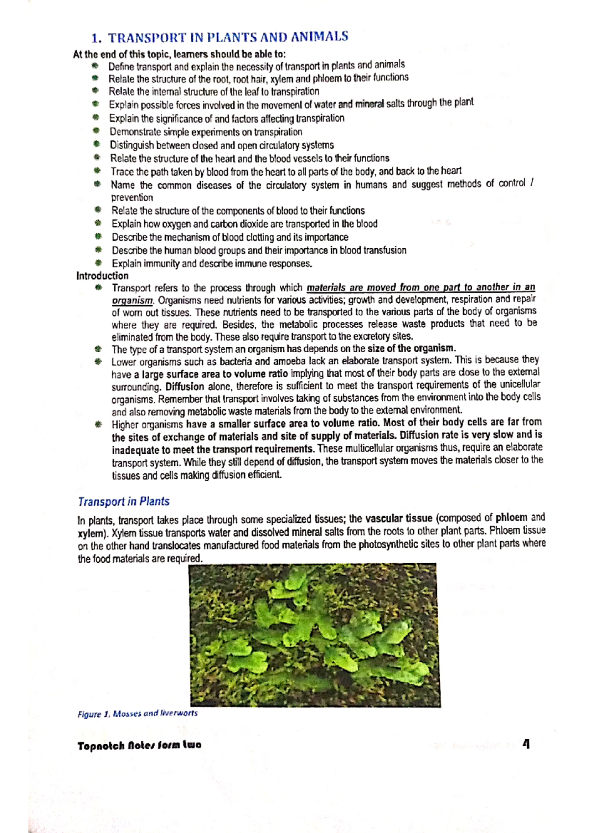 Biology FORM 2 TOP Notch - 1. TRANSPORT IN PLANTS AND ANIMALS At the ...