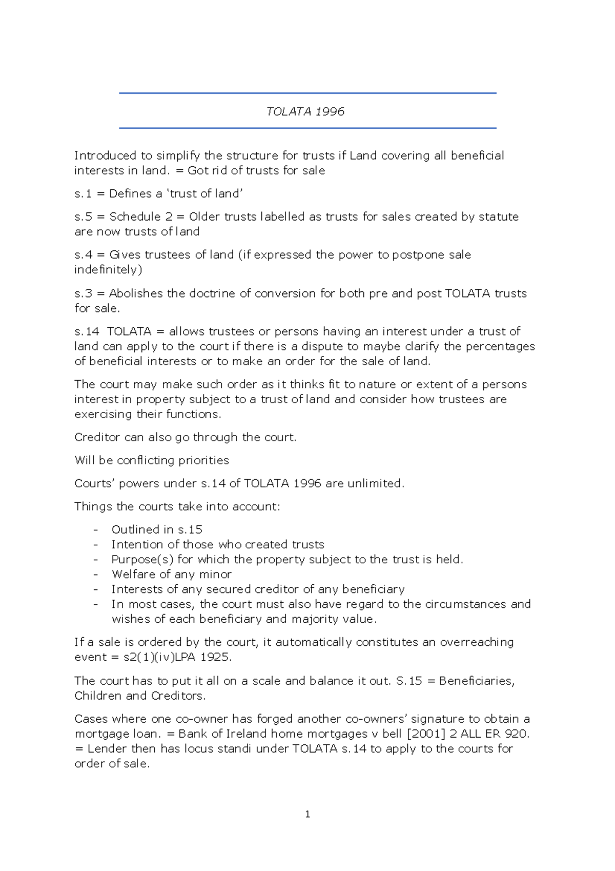 Tolata 1996 - Module = Property Law - TOLATA 1996 Introduced to ...