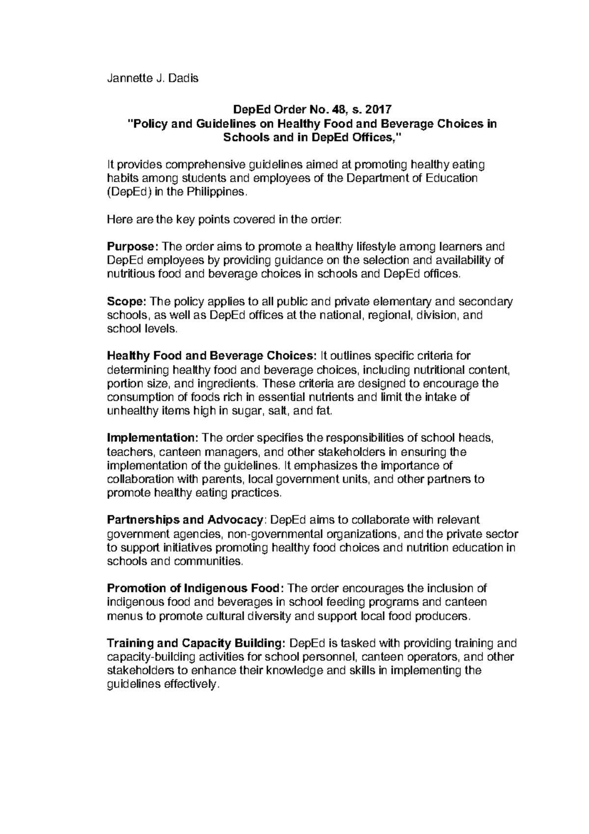 2 school policies - Jannette J. Dadis DepEd Order No. 48, s. 2017 ...