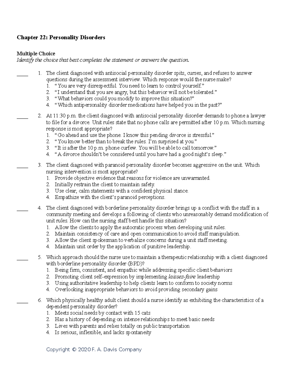 AAH Ch22 Personality Worksheet - Chapter 22: Personality Disorders ...