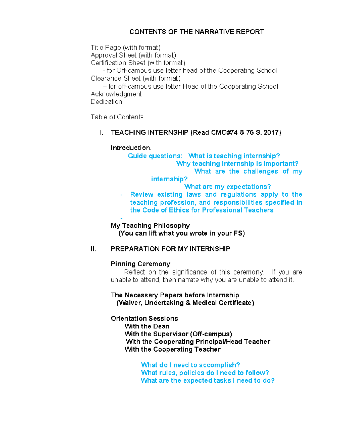 Lecture in English - CONTENTS OF THE NARRATIVE REPORT Title Page (with ...