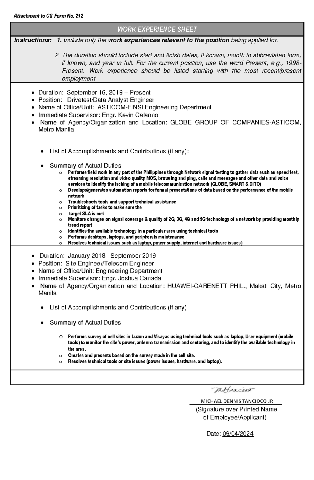 Wex sheet - bleh - MICHAEL DENNIS TANCIOCO JR (Signature over Printed ...