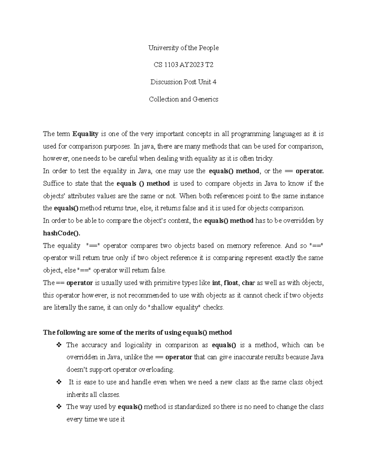 CS1103 Unit 4 Discussion post University of the People - University of the People CS 1103 AY2023 ...