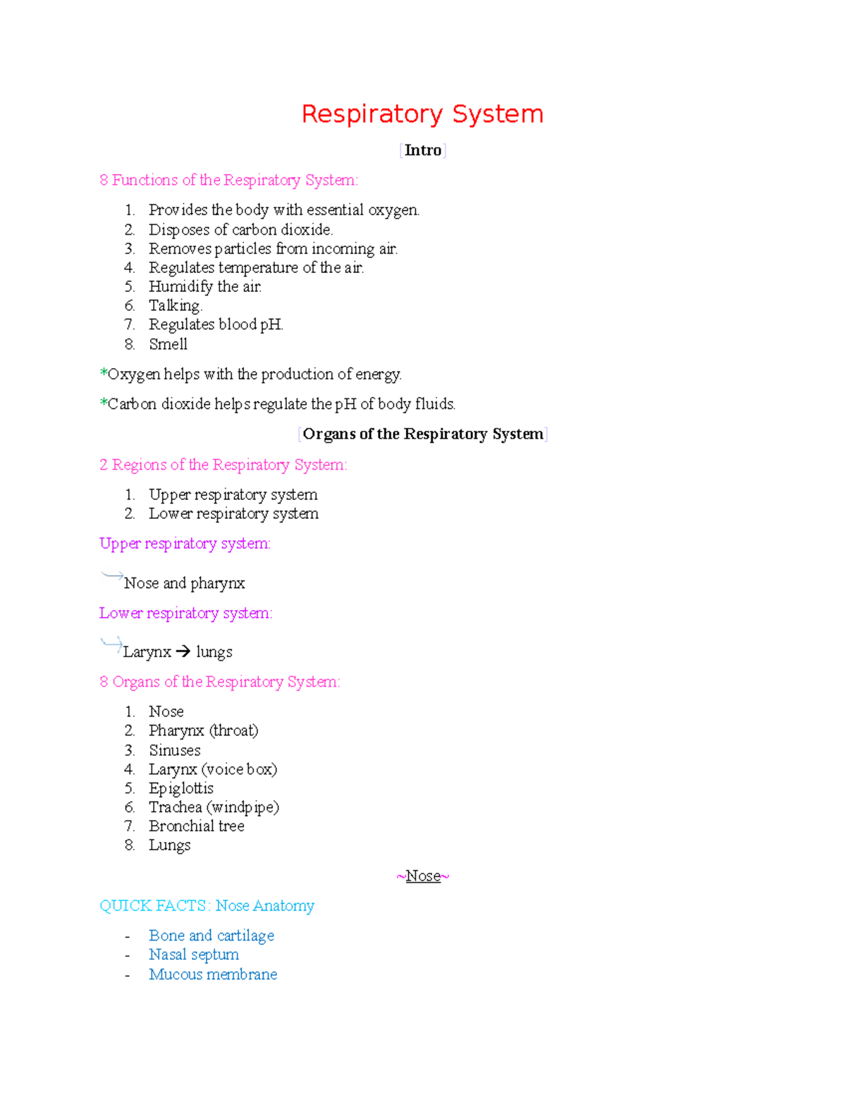 Respiratory System Notes (class year: fall 2021) - Respiratory System ...