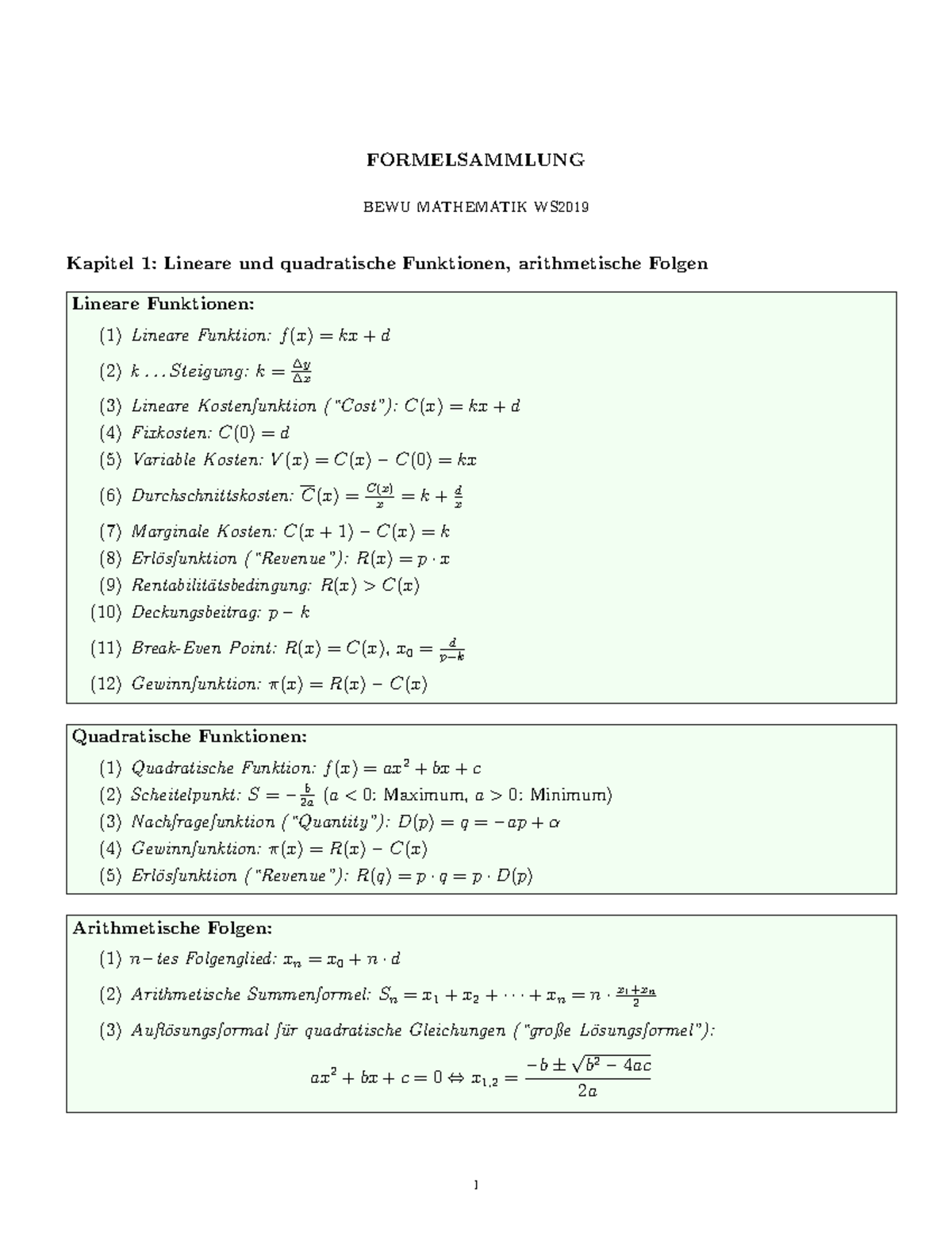 Formelsammlung - FORMELSAMMLUNG BEWU MATHEMATIK WS Kapitel 1: Lineare ...