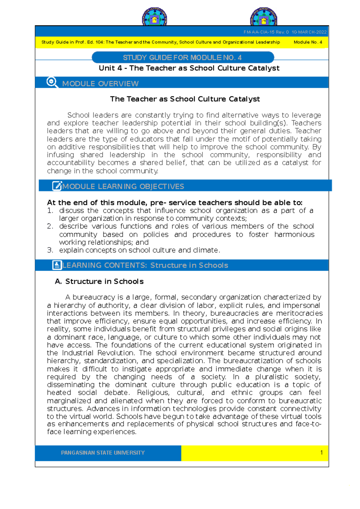 ED-10-UNIT-4 - Informations - Unit 4 - The Teacher as School Culture ...