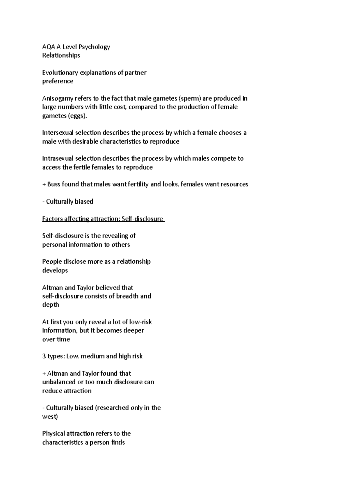 Relationships - A Level Psychology relationship notes - AQA A Level ...