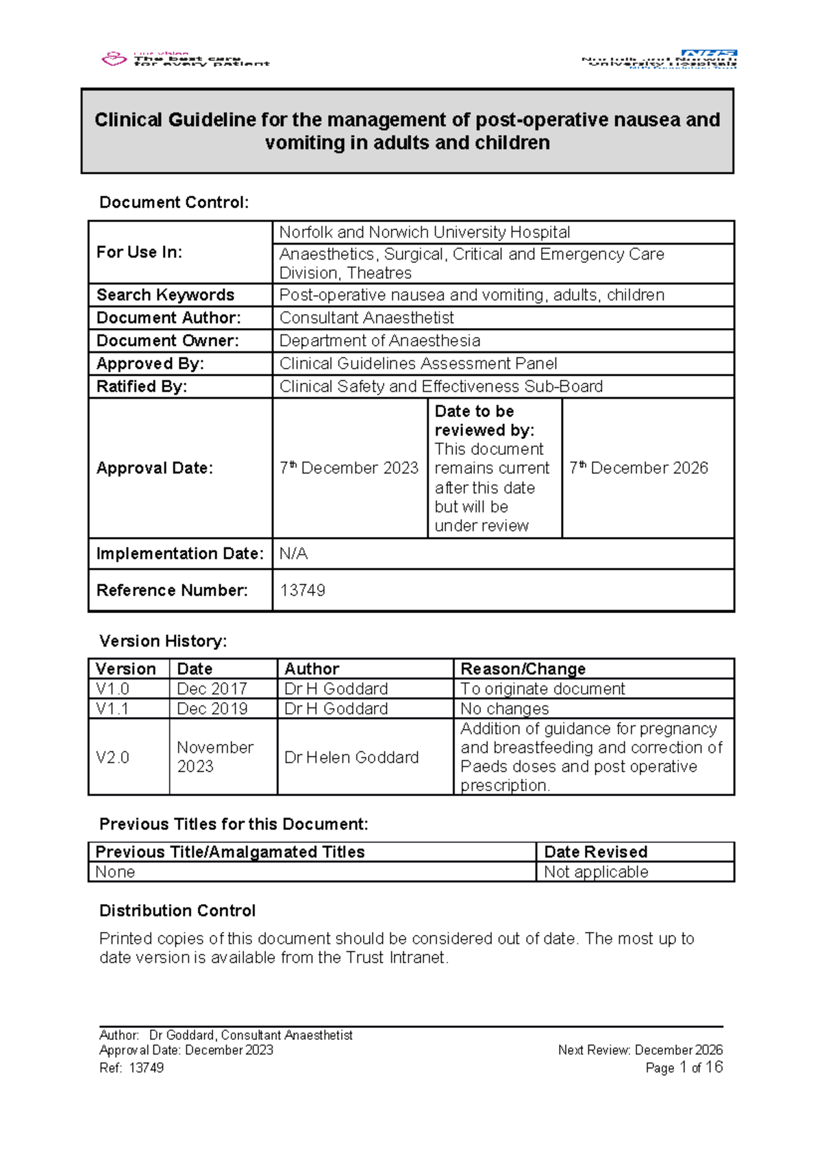 Management of Post Operative Nausea and Vomiting in Adults and Children ...