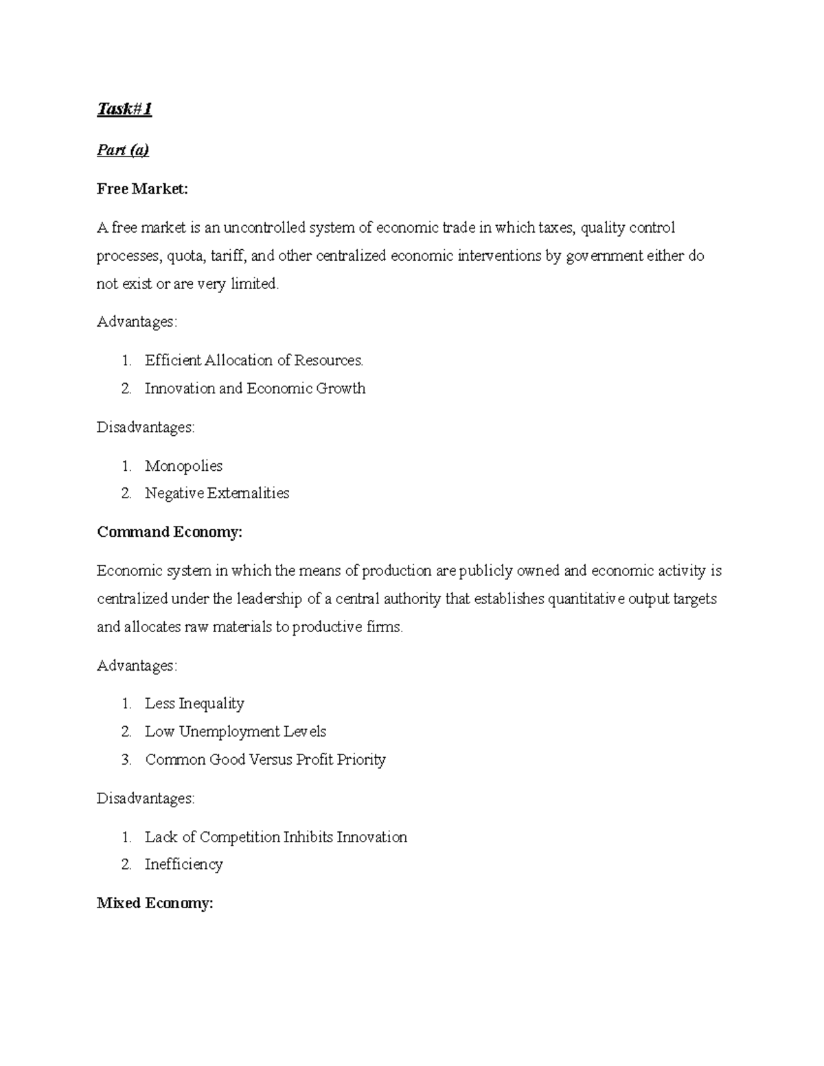 Fundamentals of Economics Assignment - Task# Part (a) Free Market: A ...