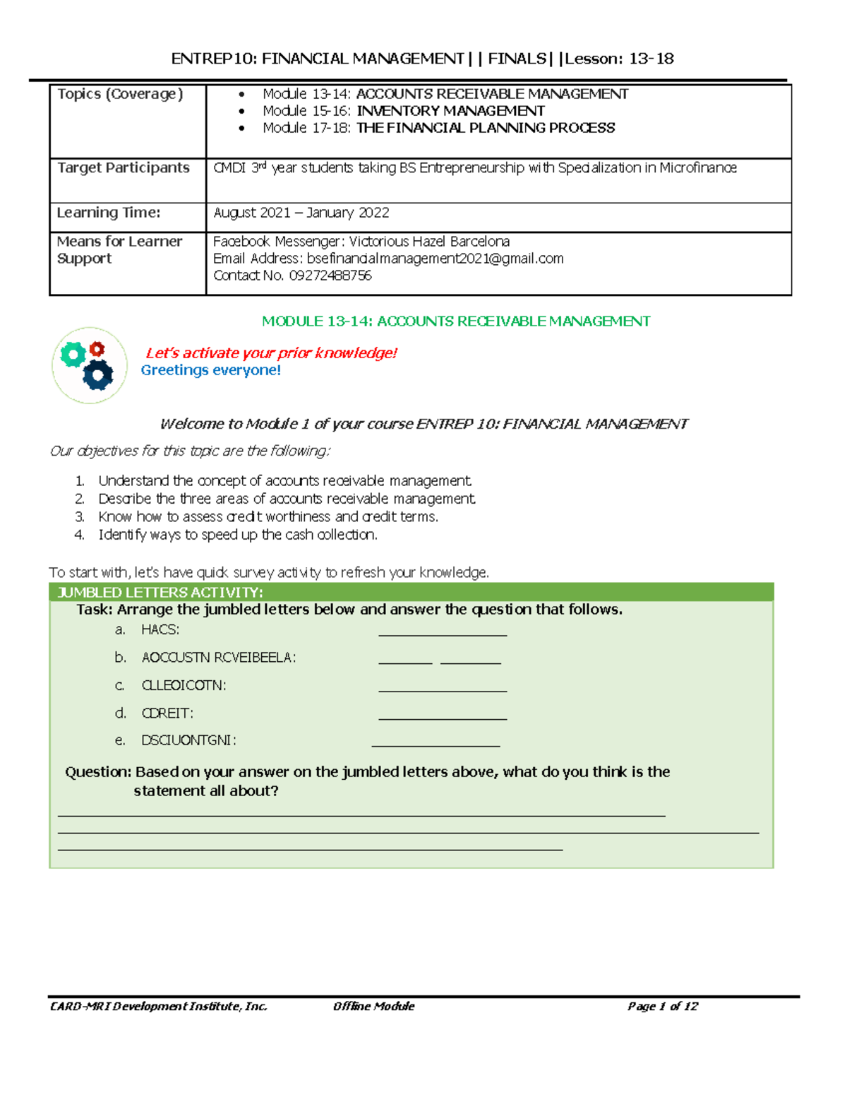 Financial management - Topics (Coverage) Module 13-14: ACCOUNTS ...