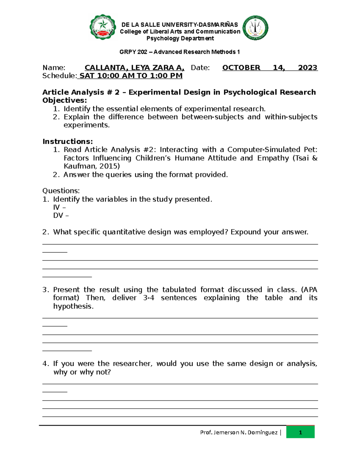 00B - none - DE LA SALLE UNIVERSITY-DASMARIÑAS College of Liberal Arts ...