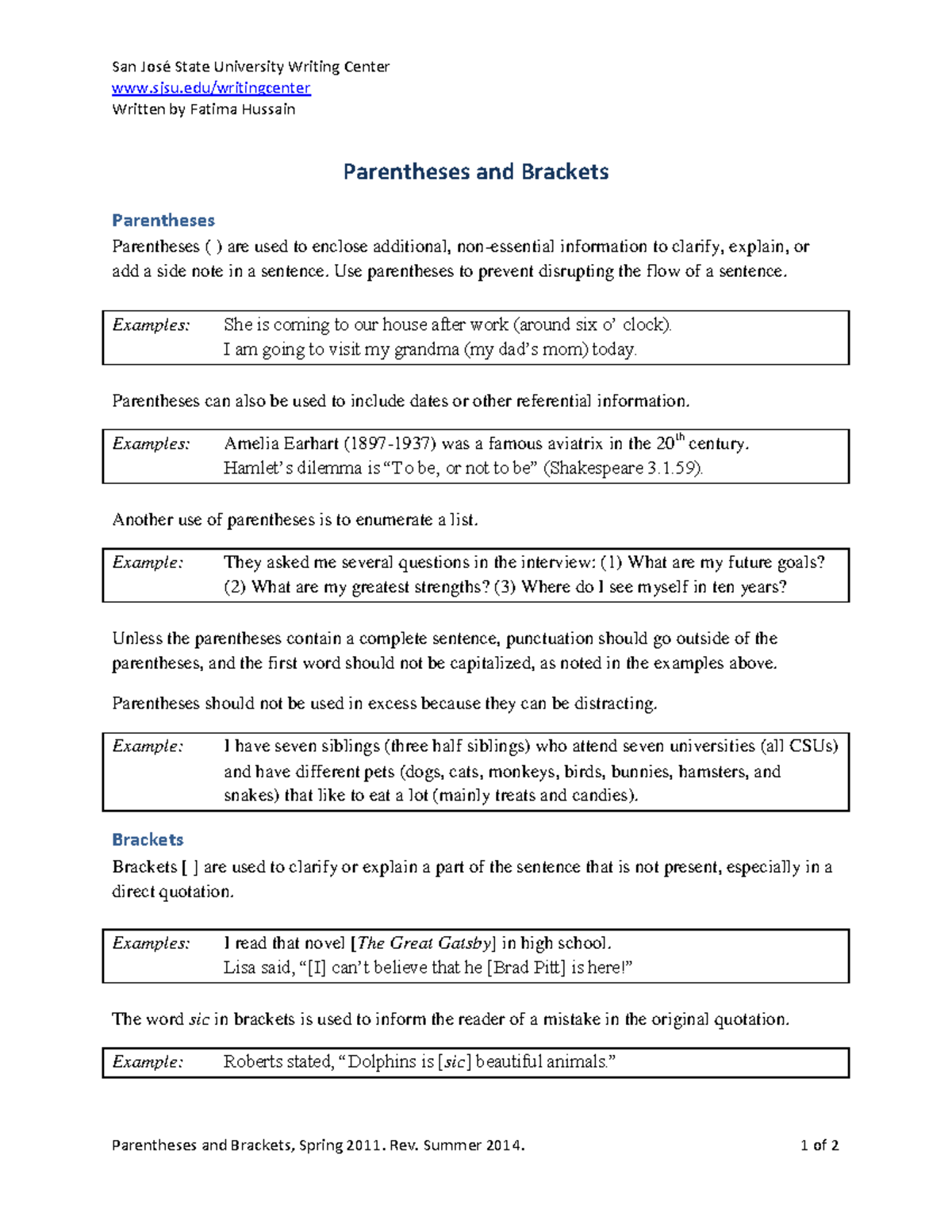 Parentheses and Brackets - San José State University Writing Center ...