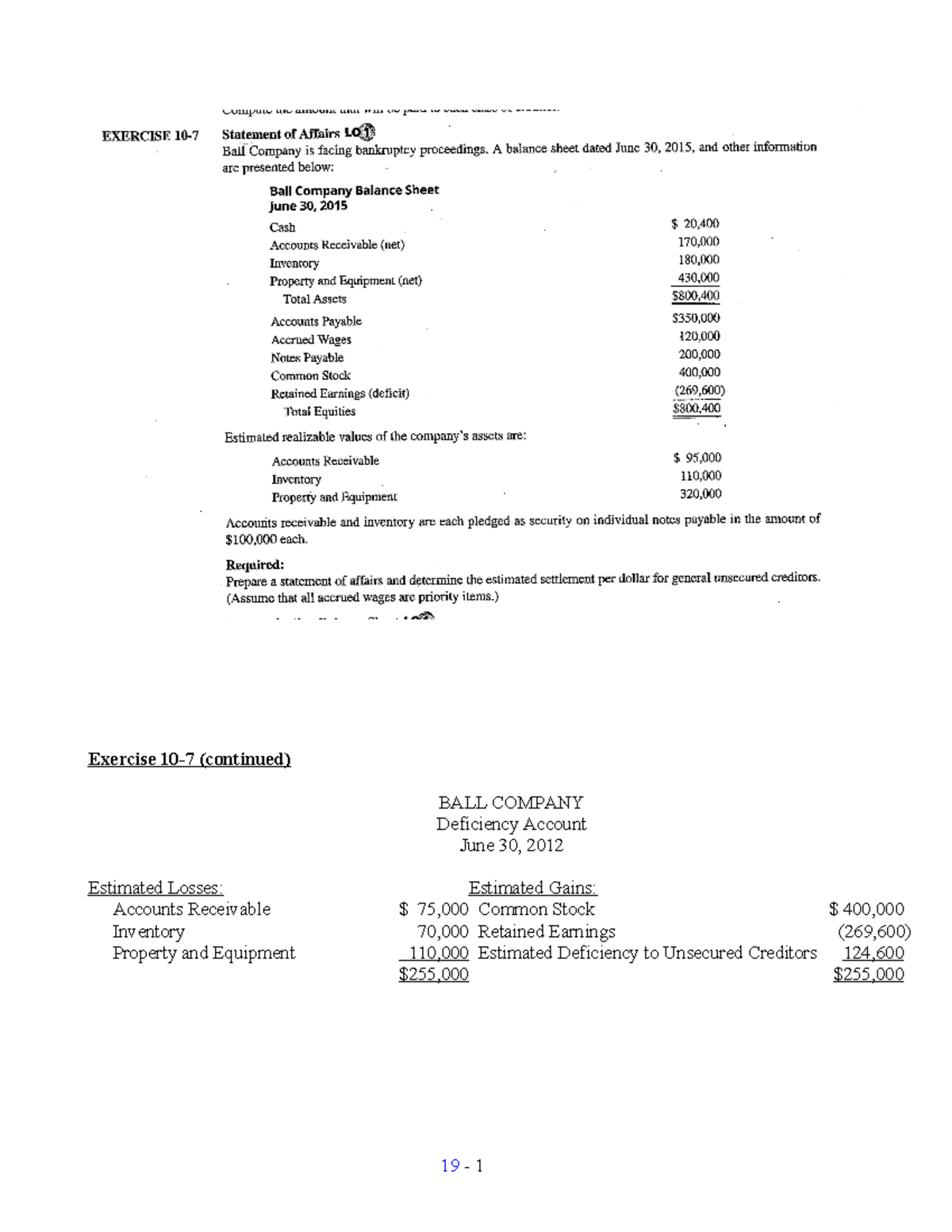 Questions and Solutions 10 - 13-17-19 - Exercise 10-7 (continued) BALL ...