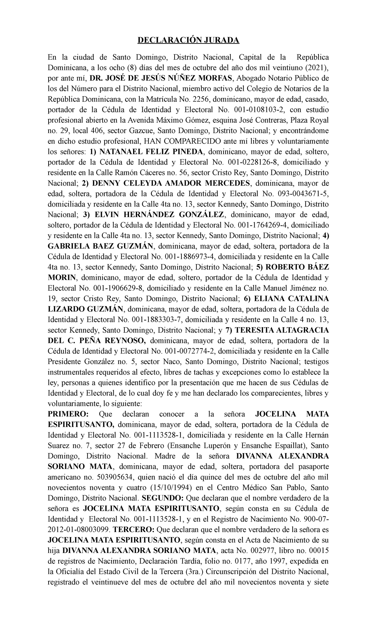 Declaración Jurada para Notario - DECLARACIÓN JURADA En la ciudad de ...