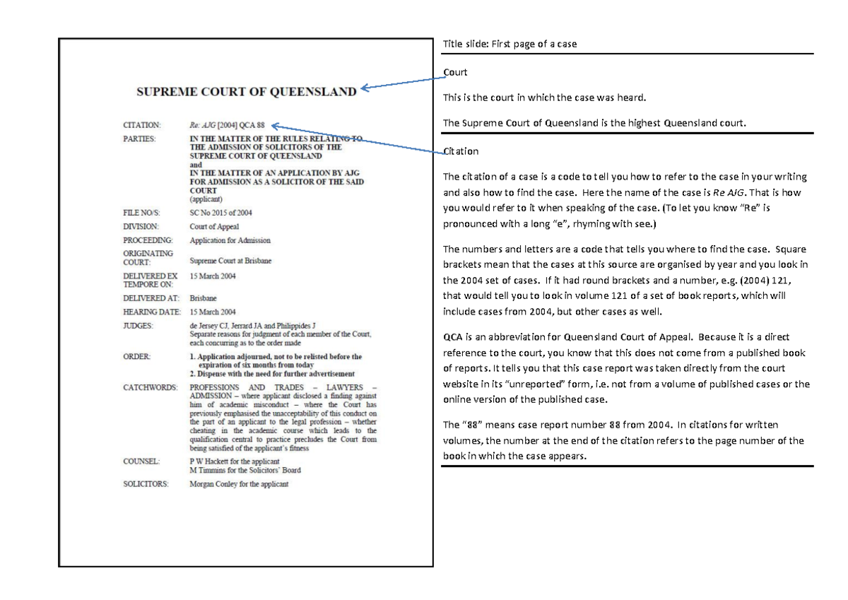 Re AJG Case Annotation - Title slide: First page of a case Court This ...