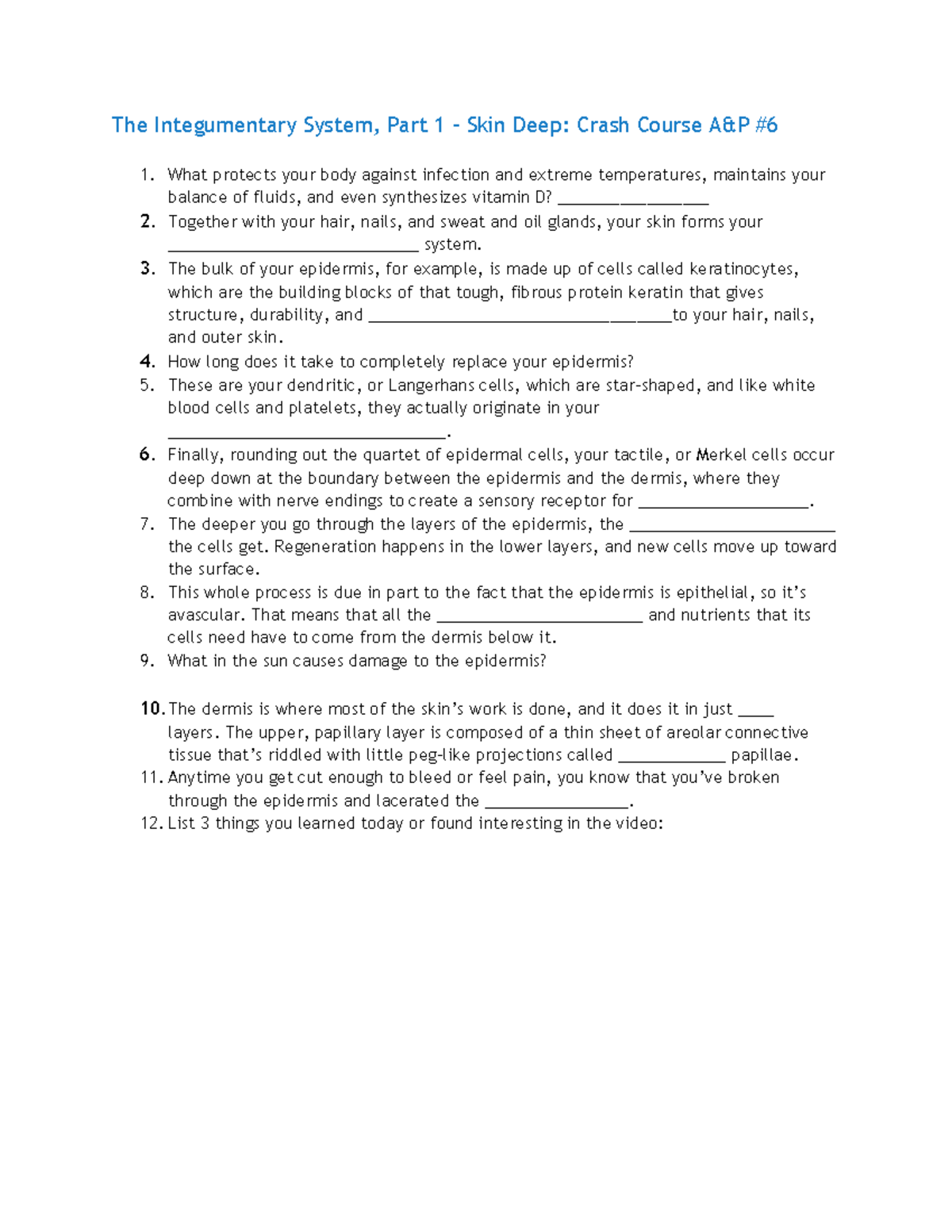Crash Course worksheets - Integumentary System - The Integumentary ...
