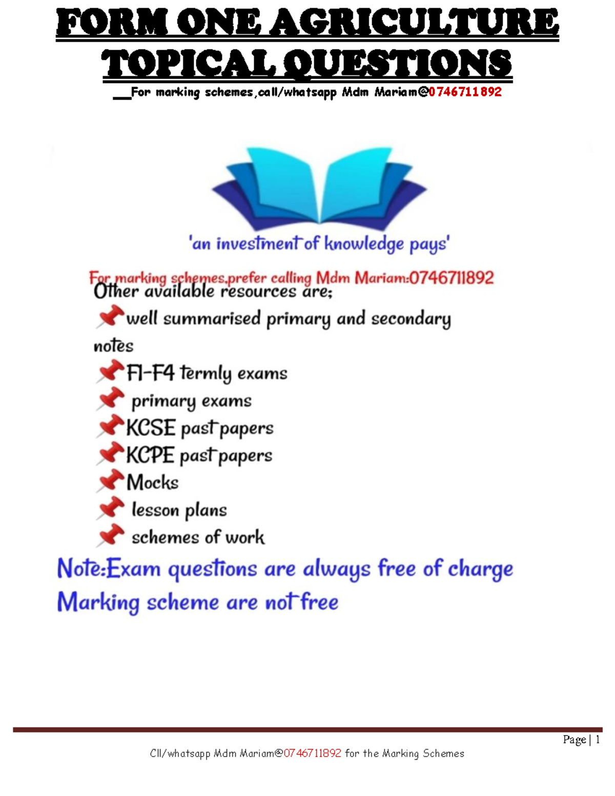 F1 Agric TQ - Teacher - Page | 1 FORM ONE AGRICULTURE TOPICAL QUESTIONS ...