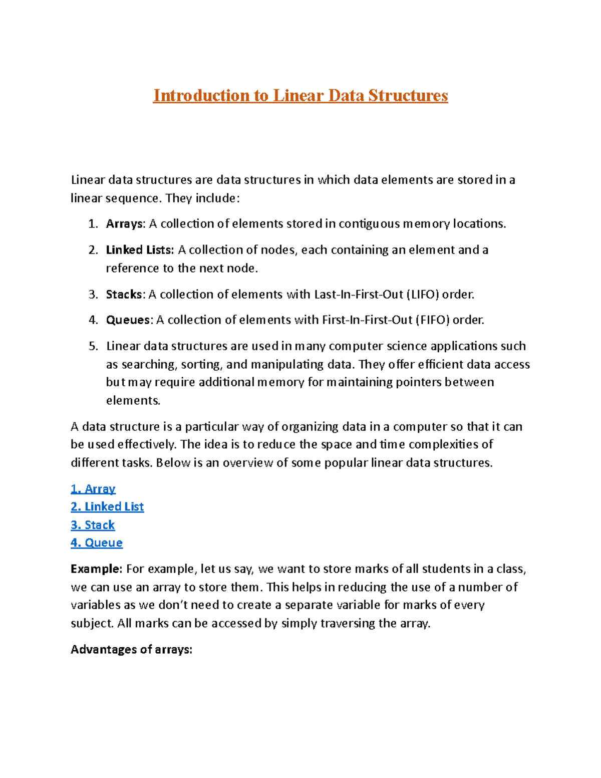 Introduction To Linear Data Structures They Include Arrays A Collection Of Elements Stored