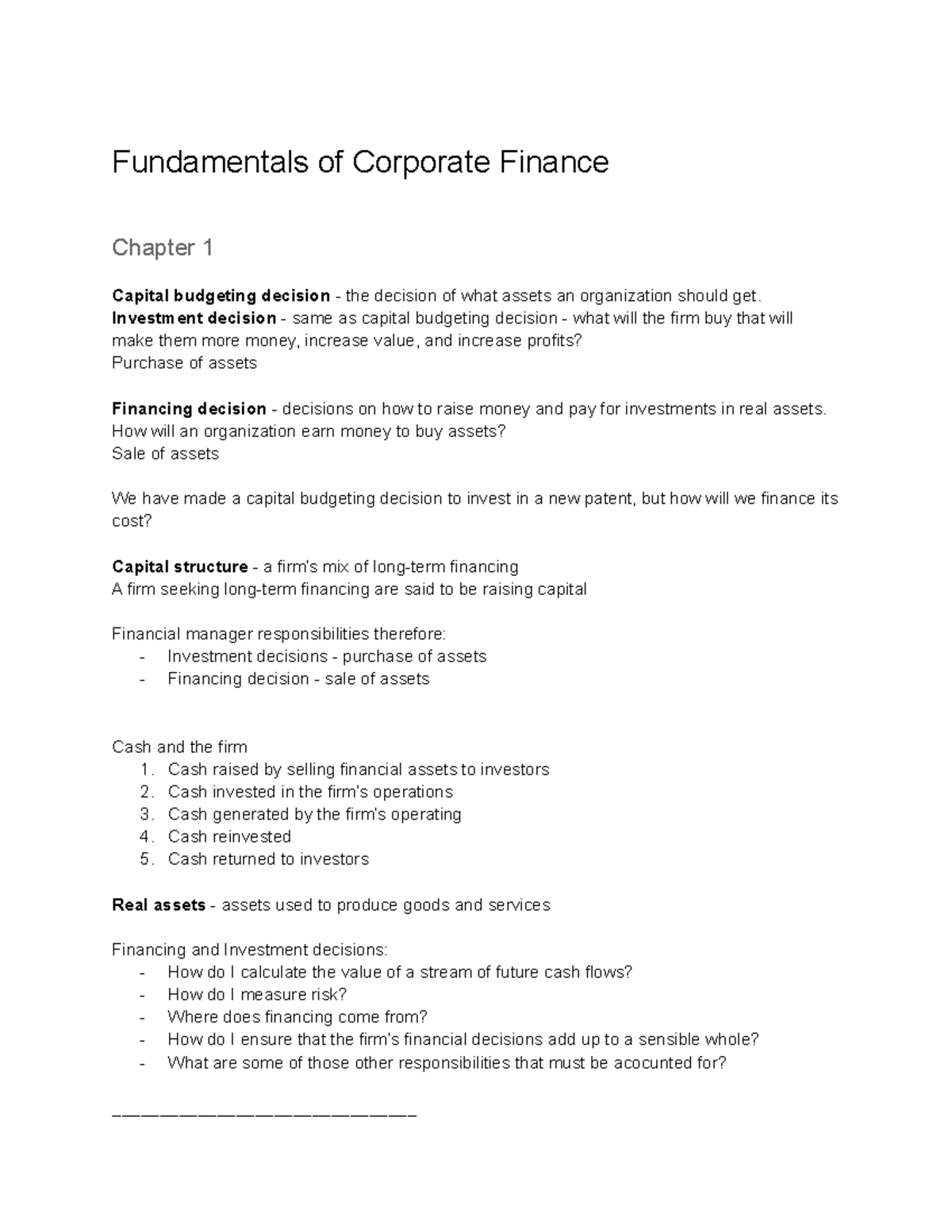FINA2700 Textbook Summary - Fundamentals of Corporate Finance Chapter 1 ...