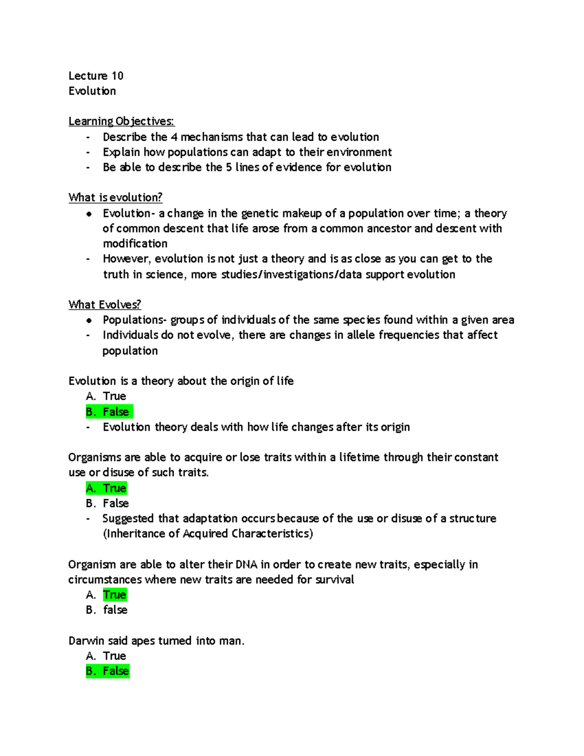 Lecture 10- Evolution - Lecture 10 Evolution Learning Objectives: - Describe the 4 mechanisms ...