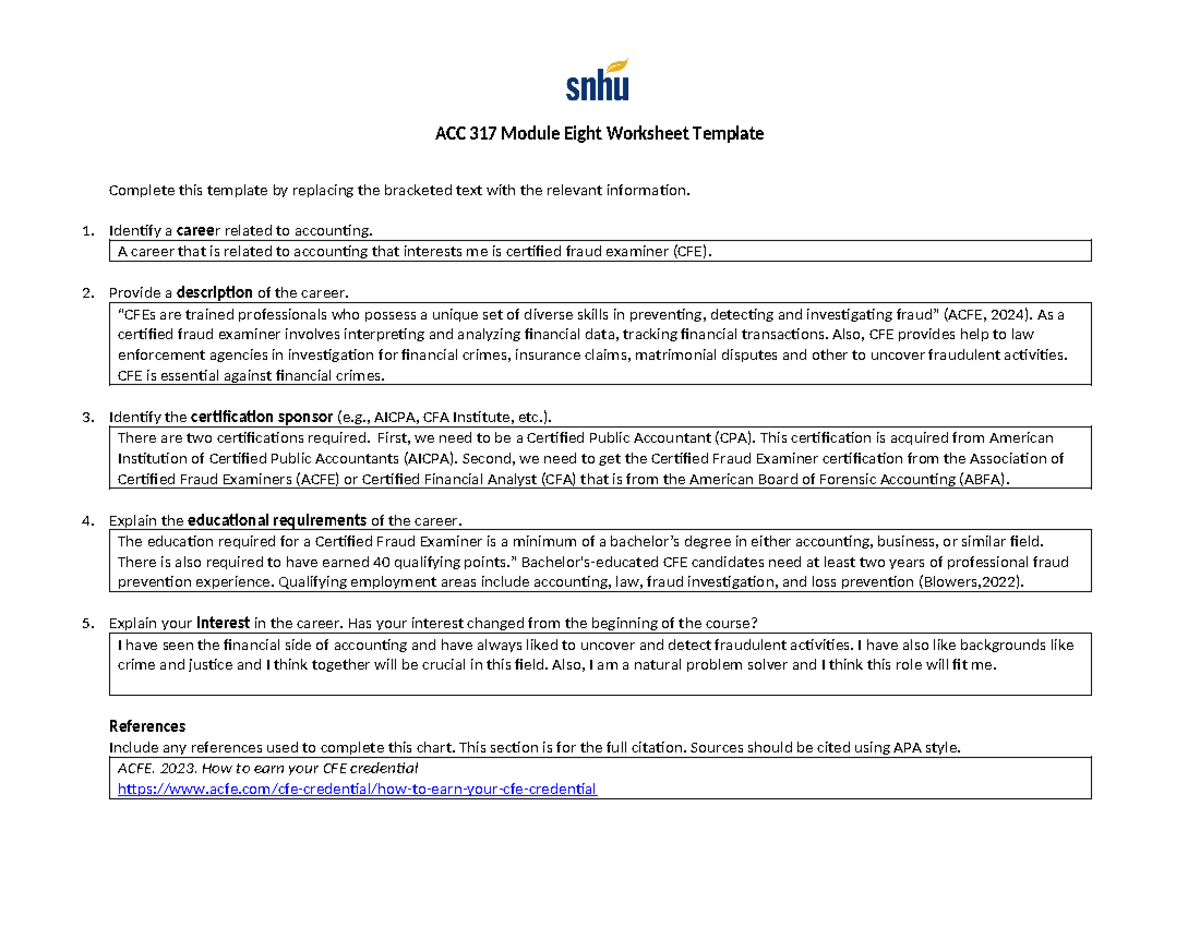 ACC 317 Module Eight Worksheet Template - ACC 317 Module Eight Worksheet Template Complete this ...