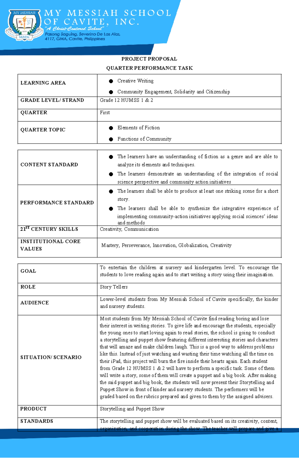 Storytelling - ... - PROJECT PROPOSAL QUARTER PERFORMANCE TASK LEARNING ...